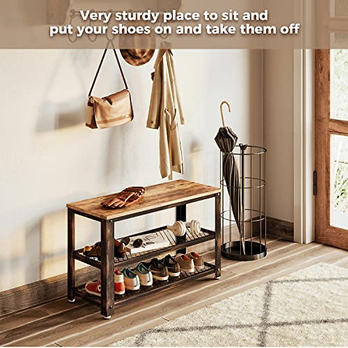 Rolanstar Shoe Bench, 3-Tier Shoe Rack, 28.7” Storage Entry Bench with Mesh Shelves Wood Seat, Rustic Foyer Bench for Hallway Front Door, Doorway, Living Room, Mudroom, Steel Frame, Rustic Brown