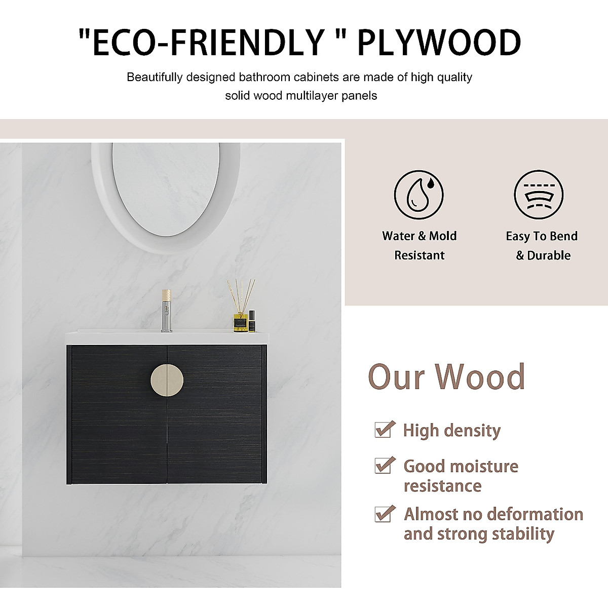 28-Inch Wall Mounted Bathroom Vanity with Sink Combo Modern Single Bathroom Vanity Set with Top Ceramic Basin & Storage Cabinet Wood Hanging Bath Cabinet w/Resin Sink for Bathroom (Black-28 Inch)