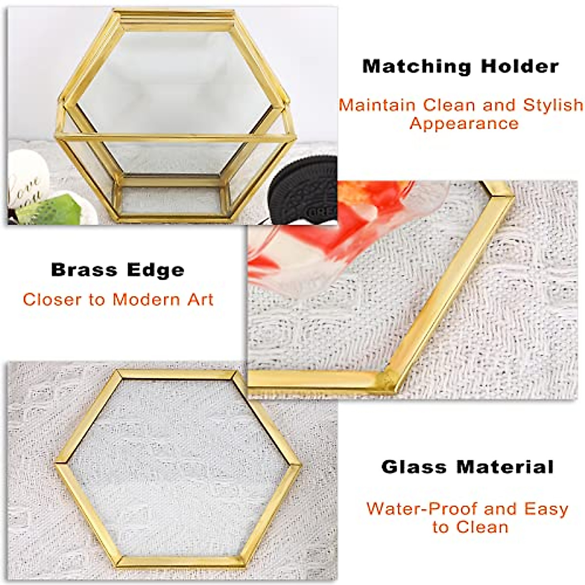 JuxYes Set of 7 Glass Coasters with Holder, Gold Elegant Cup Coasters Set for Coffee Tea Wine, Square Brass Edge Glass Cups Mats Coasters for Coffee Table (Hexagon)