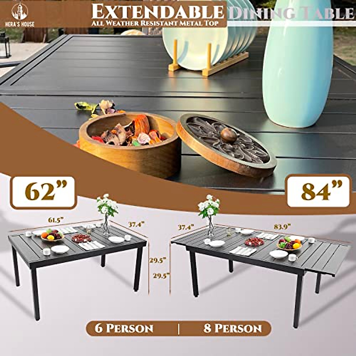 HERA'S HOUSE 9 Pieces Wicker Patio Dining Set, 8 x Rattan Dining Chair, 1 x Extendable Metal Dining Table, All Weather Resistant Outdoor Furniture Set for 8 for Lawn Garden Backyard