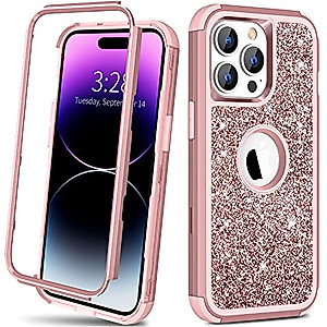 Hython for iPhone 14 Pro Case, Heavy Duty Full-Body Defender Protective Phone Cases Glitter Bling Sparkle Hard Shell Hybrid Shockproof/Drop Proof 3-Layer Military Rubber Bumper Cover Women, Rose Gold