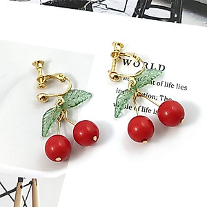 Cute Cherry Clip on Fruit Earrings for Women Red Cherry Ear Clips Dangle Drop Jewelry (1 Pairs)