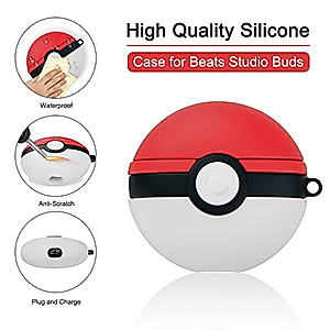 Beats Studio Buds/Beats Studio Buds+ Case Cover, 3D Cute Cartoon Stylish Silicone Protective Case for Beats Wireless Earbuds Anime Skin with Keychain Accessories for Men Boys Girls Kids (Pokeball)