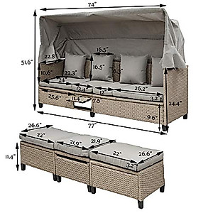 Danxee 4 Piece UV-Proof Resin Outdoor Sectional Sofa Set Patio Rattan Daybed with Retractable Canopy, Wicker Patio Sofa Set with Cushions, Pillows, and Lifting Table