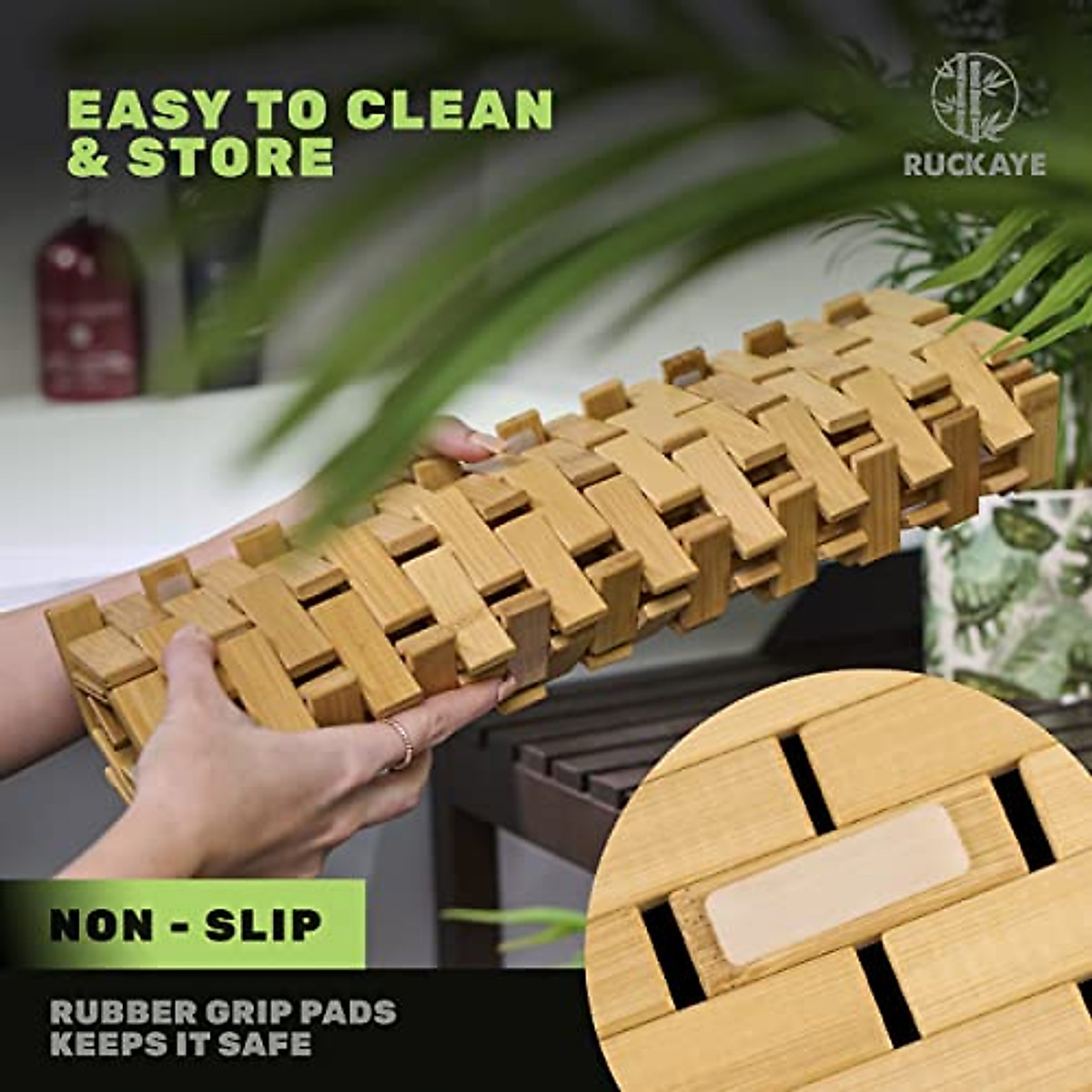 Ruckaye Bamboo Bath Shower Mat 24x16 Inches with Silicone Grip Pads – Foldable, Waterproof, Slip Resistant for Bathroom, Sauna, Spa, Kitchen & Outdoors– Environment Friendly
