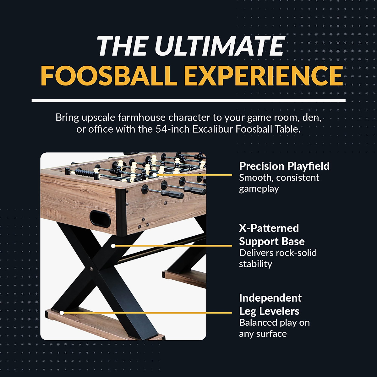 Hathaway Excalibur 54-in Foosball Table for Game Room - with Driftwood Melamine Finish, X-Pattern Base, Chrome Steel Rods, Adjustable Leg Levelers & Manual Scoring Units - Driftwood Finish