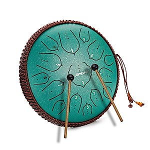 14 Inch 15 Note Steel Tongue Drum Qingshi Percussion Instrument Lotus Hand Pan Drum with Drum Mallets Carry Bag，Used for music education concert spiritual healing yoga meditation (Green)