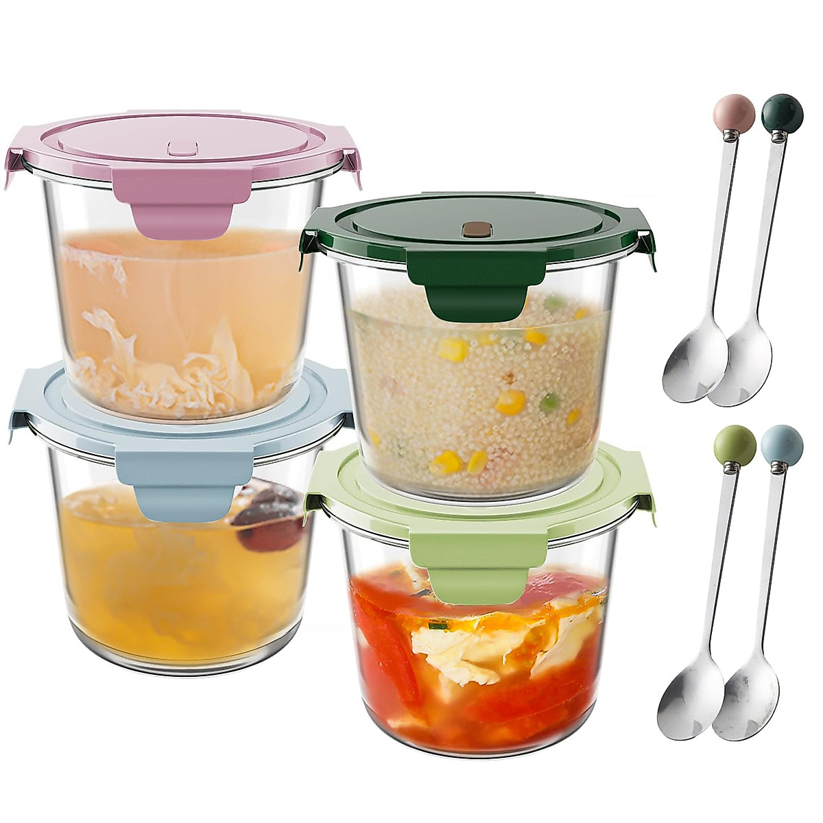 GO2HEJING Glass Food Storage Containers with Spoon Pack of 4, 23oz Glass Soup Containers with Airtight Lids, 3 Cup Leak-proof Round Glass Meal Prep Containers Microwave, Dishwasher and Freezer Safe