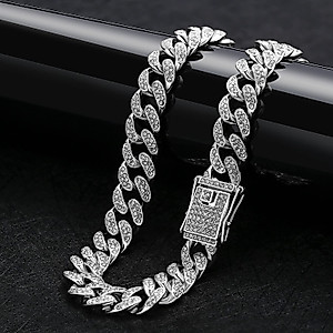 MOFEIJEWEL Miami Cuban Link Chain Necklace Bling CZ Diamonds Chain Iced Out Hip Hop Jewelry Gifts for Men Women Gold Silver (18 inch, Silver)