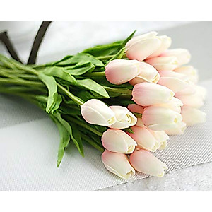JOEJISN 30pcs Artificial Tulips Flowers Real Touch Pink Tulips Fake Holland PU Tulip Bouquet Latex Flowers for Wedding Party Office Home Kitchen Decoration (Light Pink)
