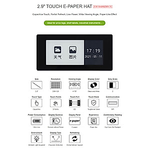 Coolwell 2.9inch Touch E-Paper E-Ink Display HAT for Raspberry Pi Series Board, 5-Points Capacitive Touch, 5-Points Touch,296×128 Pixels, SPI Interface
