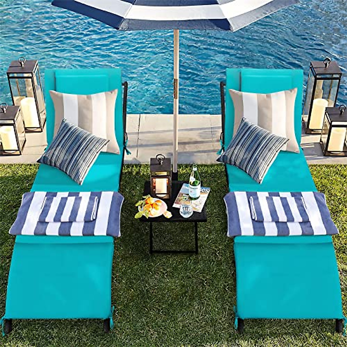 GUNJI Lounge Chairs for Outside 3 Pieces Patio Adjustable Chaise Lounge Outdoor Wicker Lounge Chairs Set of 2 with Table Folding Chaise Lounger for Poolside, Deck, Lawn (Blue)
