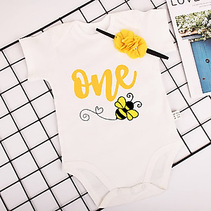 Gouldianfinch Infant Baby Girls 1st Birthday Outfits Bee Printed Romper Tutu Skirt with Bowknot Toddler Princess Dress(Bee, 12-18 Months)