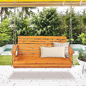 Tangkula 2 Person Hanging Porch Swing, Outdoor Bench Swing with Adjustable Chains, High Back, Cozy Armrests, Wooden Tree Swing Chair for Patio Backyard Deck Garden (Natural)