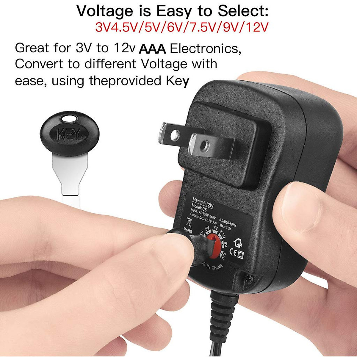 fengchensety Universal Adjustable Voltage 3V 4.5V 6V 9V 12V US Plug Power Supply Adapter Can Replace 2AAA 3AAA 4AAA 6AAA 8AAA 1.5V AAA Battery,LR03 AAA Battery Eliminator