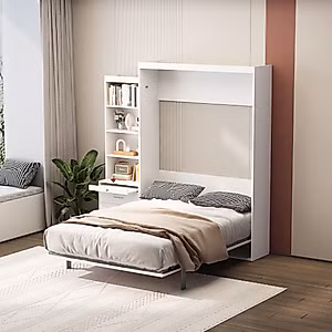 Oudiec Mordern Full Size Vertical Murphy Bed with Drawers&Shelf,Muti Functional Cabinet Bed&Wood Hidden Bed w Gas Struts,or Bedroom, Office, Guestroom, Space Saving Design, White