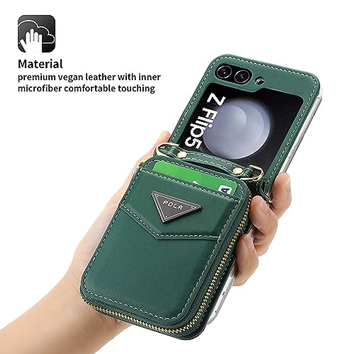 EAXER for Samsung Galaxy Z Flip 5 Case, Shockproof PU Wallet Folding Case Leather Zipper Crossbody Strap Cover (Green)