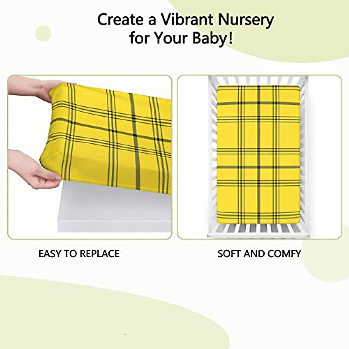 Plaid Themed Fitted Mini Crib Sheets,Portable Mini Crib Sheets Toddler Bed Mattress Sheets-Baby Sheet for Boys Girls,24“ x38“,Yellow and Charcoal Grey