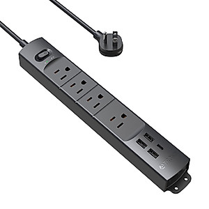 TROND Surge Protector Power Strip with USB, Ultra Thin Flat Plug 3ft Extension Cord 1625W, 3 USB A & 1 Type C, 4 AC Outlets 1440J Surge Protection Wall Mount for Home Office Dorm Room, Black
