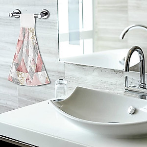 Pink Marble Triangles Kitchen Towels with Hanging Loops 2 Pack, Modern Polygon Abstract Hand Towels for Bathroom Absorbent Coral Velvet Soft Tie Dish Towels Sets