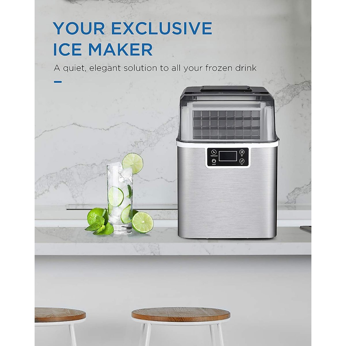 SOUKOO Ice Maker, 44lbs Daily Ice Cube Makers,Stainless Steel Ice Makers Countertop,Tabletop Ice Maker Machine with a Scoop and a 3 Pound Storage Basket…