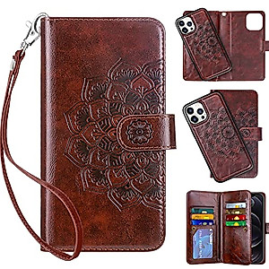 Vofolen for iPhone 12 Pro Max Case Credit Card Holder Wallet Cover 2-in-1 Slot Women Girl Detachable Strap Protective Slim Hard Shell Magnetic Leather Folio Pocket Flip Case Mandala Brown
