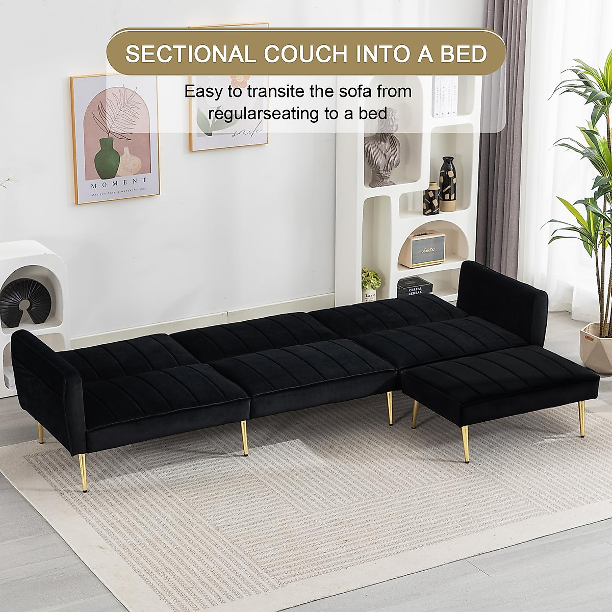 TTGIEET 105" Velvet Sofa Couch with Chaise, L Shape Futon Sofa Couch with USB, 4-Seat Sleeper Sofa Bed for Living Room (Black)