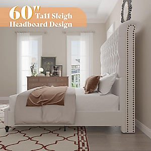 AMERLIFE Queen Size Bed Frame 60" Tall Sleigh Headboard Bed with Velvet Upholstered Platform, No Box Spring Needed, Cream