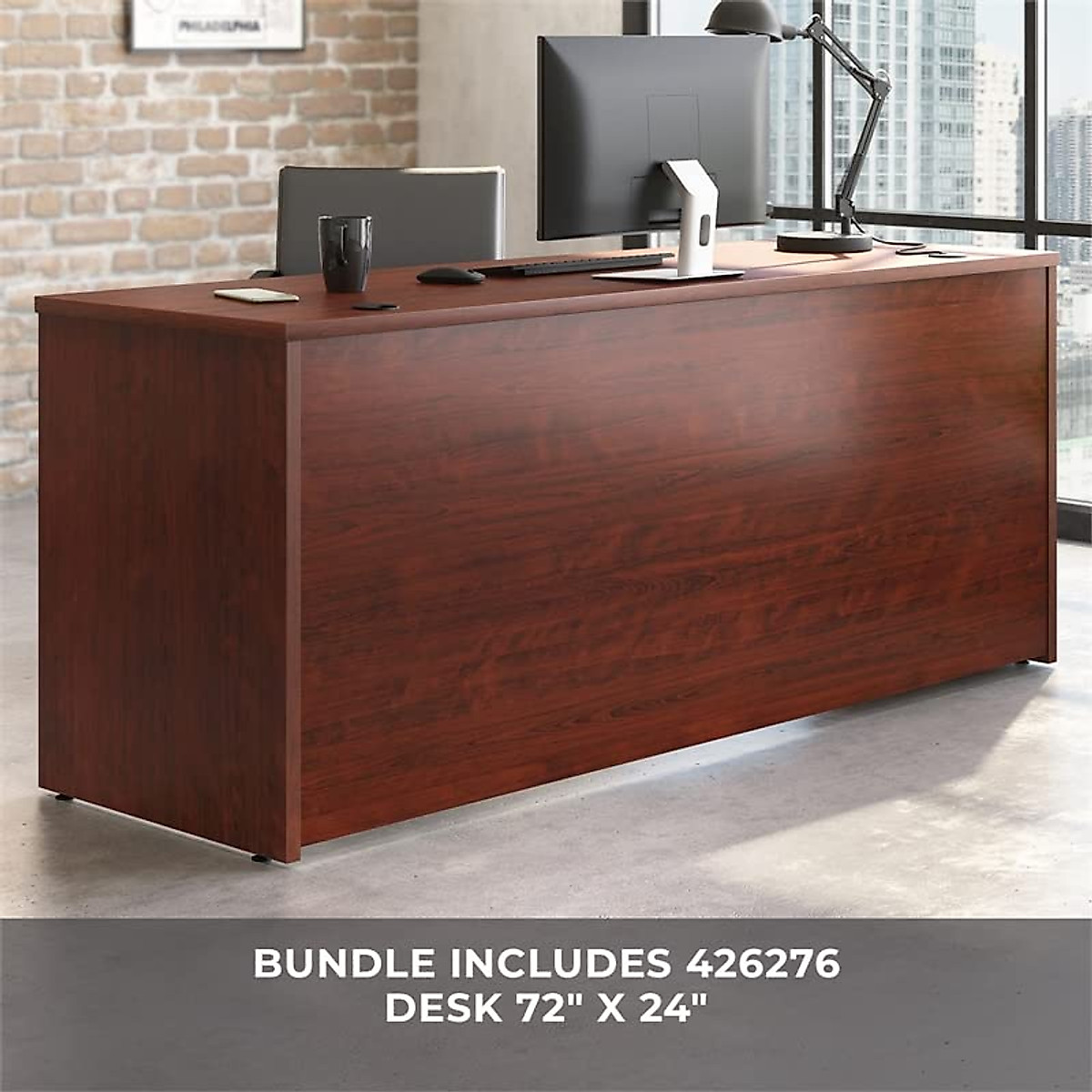 OfficeWorks by Sauder Affirm 72 X 24 Shl 3 Drawer Pedestal Ste, L: 71.10" x W: 23.47" x H: 29.29", Classic Cherry Finish