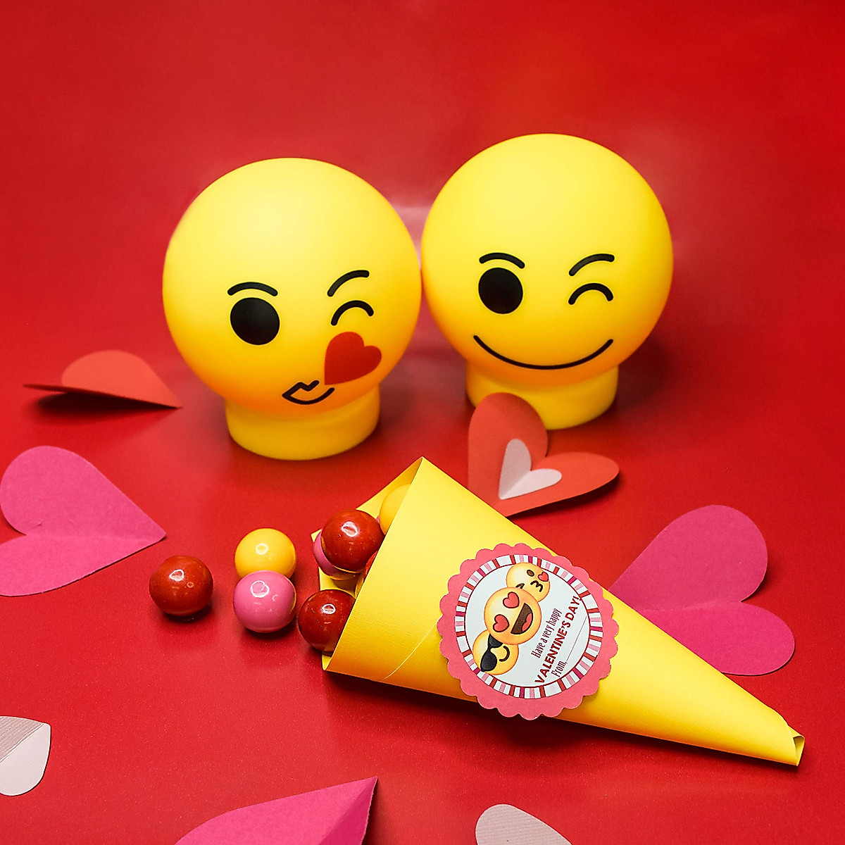 Emoji Heart Valentine Party Favor Sticker Labels, 40 2" Party Circle Stickers by AmandaCreation, Great for Classroom Valentines, Envelope Seals, Gifts & Treats