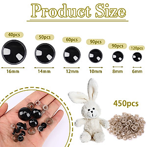 UPINS 900 Pieces 6-16MM Black Plastic Safety Eyes with Washers for Crochet Animal Crafts Doll Making Supplier Bulk (6 Sizes)