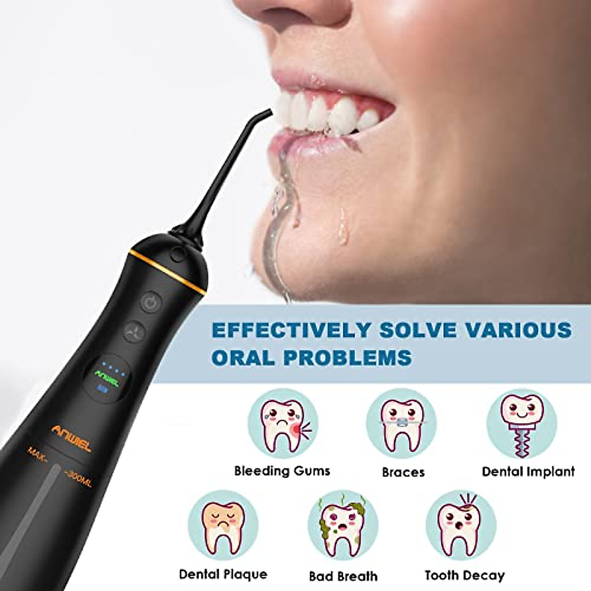 【2 in 1】 Water Dental Flosser and Ultrasonic Electric Toothbrush for Teeth, 300ML Oral Irrigator, 6 Tips, 4 Brush Heads, IPX7 Waterproof Waterflosser Flossing Teeth Cleaning Kit for Gums, Braces Care