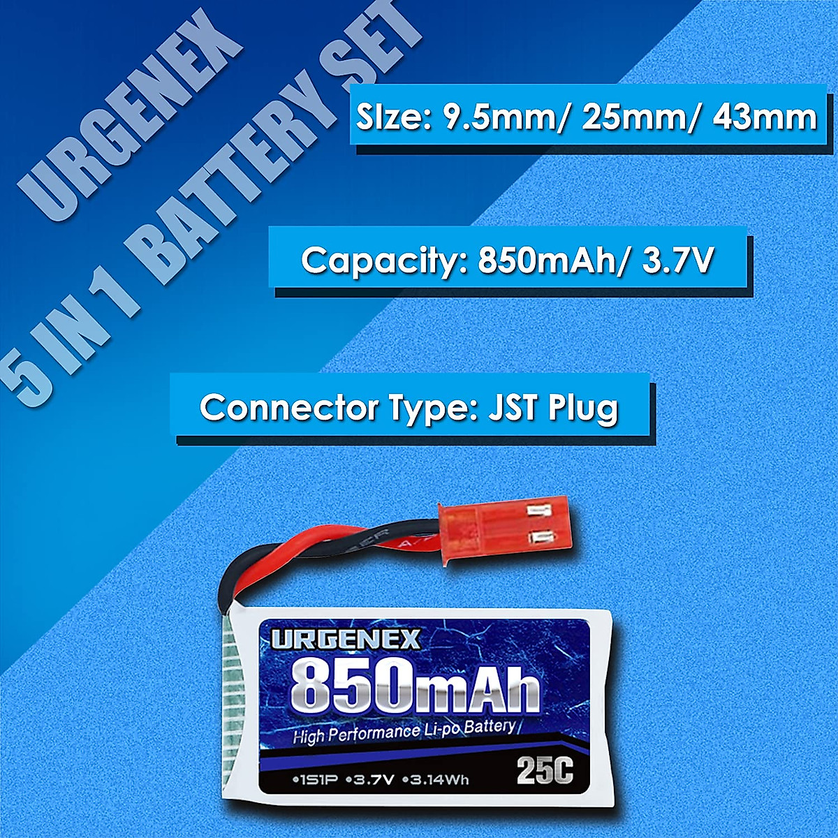 URGENEX 3.7V Lipo Battery 850mah Rechargeable Lipo with JST Plug X5 Charger for MJX Syma Holy Stone Sky Viper RC Quadcopter Drone X56W X400 X400W X300C X400C X800 HS110 HS200 S670 V950hd S1750 V2450