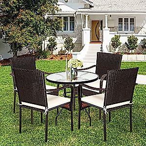 Tangkula Set of 4 Patio Dining Chairs, All Weather Stackable Rattan Chairs with Removable Cushions and Armrests, Outdoor Bistro Wicker Dining Chair Set for Balcony Poolside Backyard (Brown)