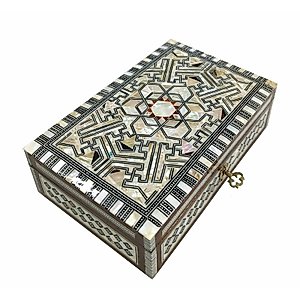 J96R Chest Egyptian Rectangular Mother Of Pearl Mosaic Jewelry Box With Key Lock, Brown