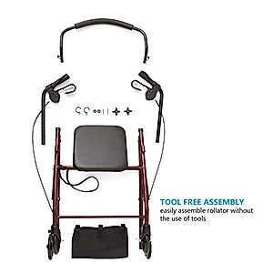 Medline Rollator Walker with Seat, Steel Rolling Walker with 6-inch Wheels Supports up to 350 lbs, Medical Walker, Burgundy