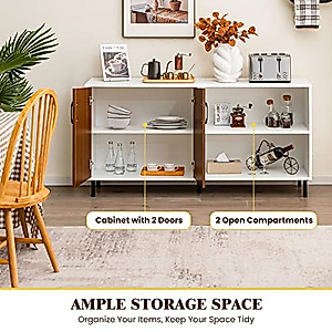 Giantex Buffet Sideboard, Modern Storage Cabinet with 2 Doors and Open Shelves, 58” Kitchen Cupboard with Metal Legs, Coffee Bar Cabinet for Kitchen, Living Room, White & Walnut
