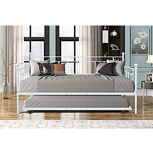 Modern Daybed with a Trundle Twin Size,Daybed Metal Frame with Pullout Trundle for Kids Teens and Adults, No Box Spring Needed,White Gray