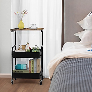 smusei 3 Tier Rolling Cart with Wooden Tabletop, Metal Utility Cart with Lockable Wheels, Black Rolling Storage Organizer Cart with 2 Baskets for Living Room, Bathroom, Bedroom, Office, Kitchen