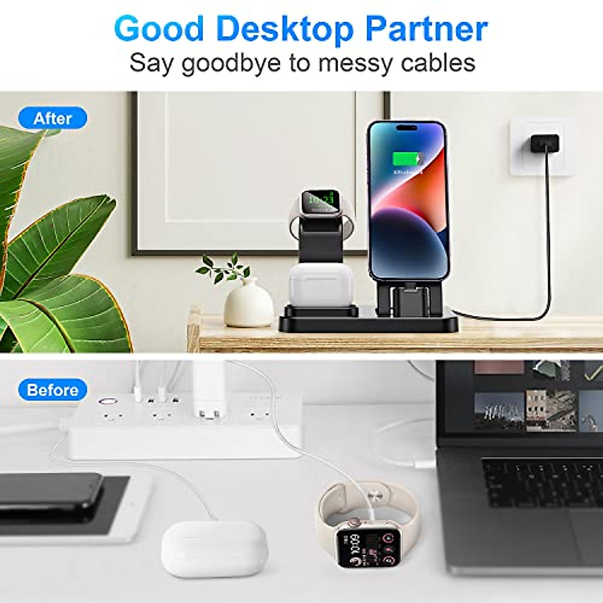 AFLYDOG Fast Charging Station for Apple Devices, New Self-Centering iWatch Charger Stand for All Apple Watch, 3 in 1 Built-in Charging Stand Dock for iPhone AirPods Apple Watch(15W Adapter)