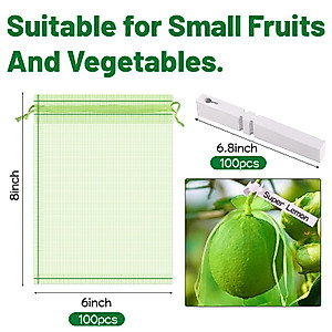 Gushu 100pcs Fruit Protection Bags, 6 x 8 Inch Green Fruit Netting Cover Bags with 100pcs Plant Label Drawstring Mesh Fruit Protectors Pest Barrier for Plant Fruit Vegetable Veggies Garden