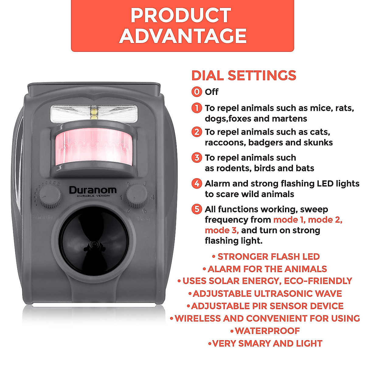 2024 DURANOM Ultrasonic Deer Repellent Outdoor - Upgraded Solar Powered and Motion Activated Strobe Flashing Light - Long Range Animal Repeller for Garden - Animal Deterrent System Blasts Animals Away