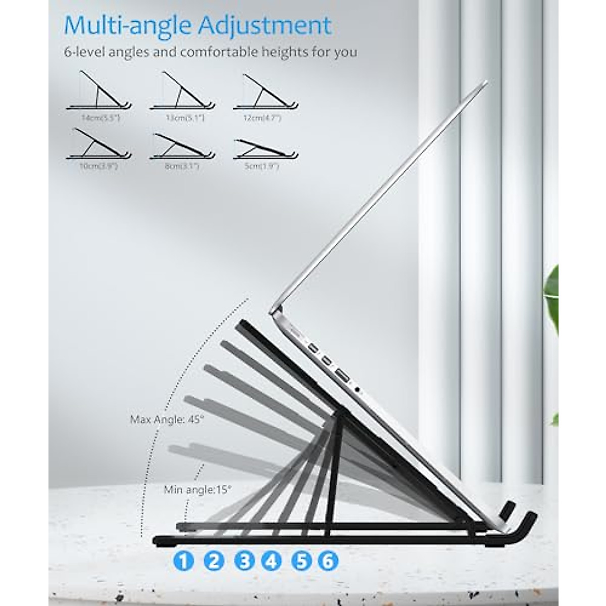 BoYata Laptop Stand, Portable Laptop Holder Computer Stand for Desk, Aluminum Foldable Laptop Riser with 6 Levels Height Adjustment, Compatible with MacBook, HP, Lenovo, Dell, 10-15.6" Laptops (Black)