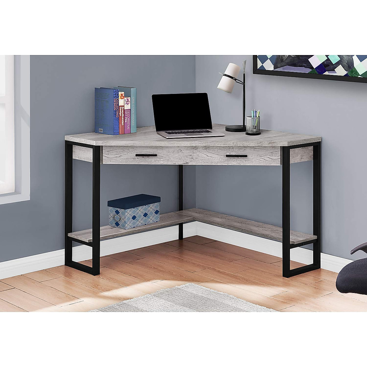 Monarch Specialties Corner Desk with Storage and Shelf Laptop PC Study Table-Workstation for Home Office, 42" L, Grey Reclaimed Wood Look