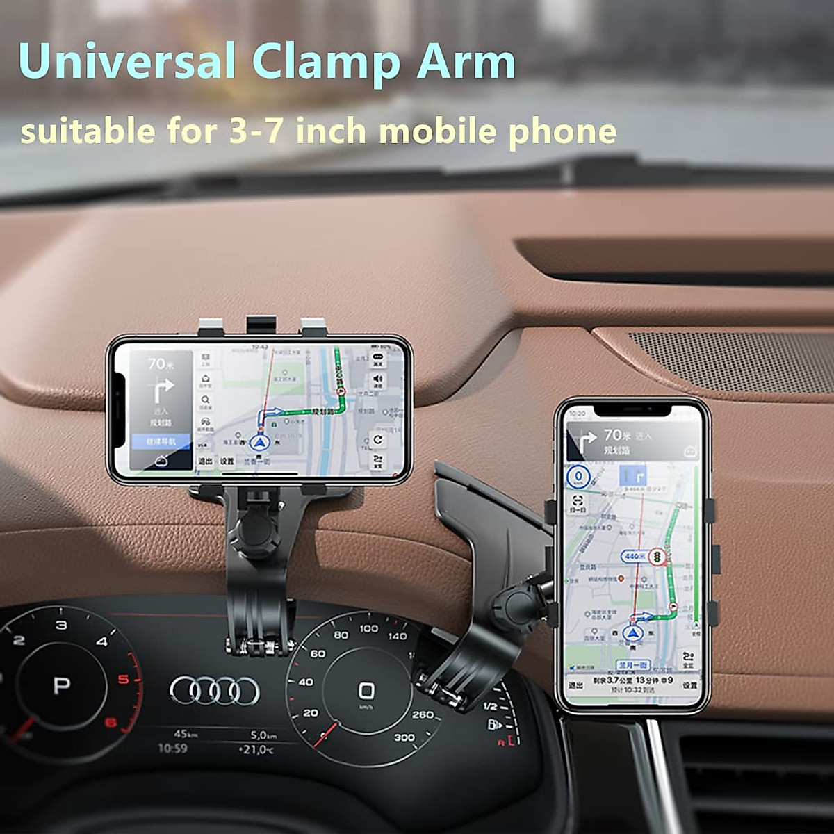 DMJWAN Car Phone Holder, Multifunction Car Dashboard Holder Rearview Mirror with 360 ° Adjustable Spring Clip, Suitable for 3 to 7 Inch Smartphones (Center Console)