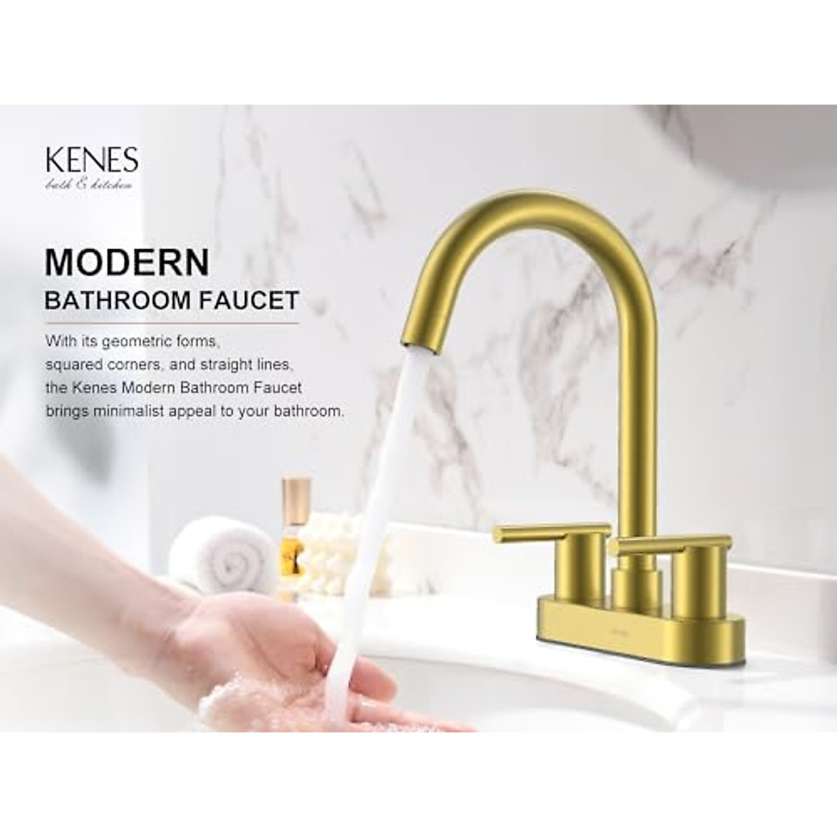 KENES Brushed Gold 4 Inch 2 Handle Centerset Bathroom Faucet, 3 Hole Gold Bathroom Sink Faucet, with Pop Up Sink Drain and Two Water Supply Lines, KE-9019-4