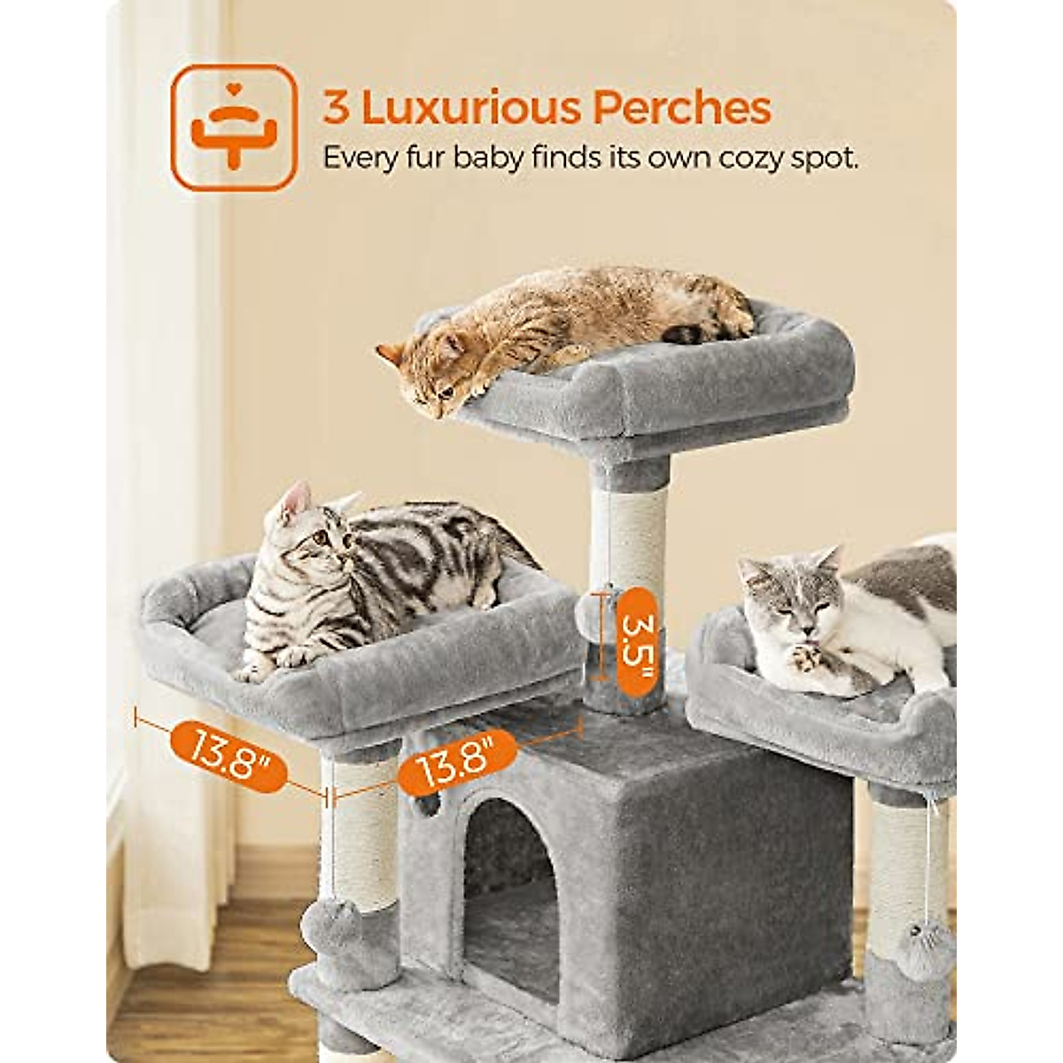 FEANDREA 67-Inch Multi-Level Cat Tree for Large Cats, with Cozy Perches, Stable, Light Gray UPCT18W