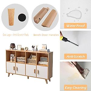 OSCHF Cubby Shelf Bookcase with Doors - Wooden 8 Cube Floor Standing Open Bookshelf with Solid Wood Legs, 2-Tier Low Storage Cabinet, Oak and Warm White