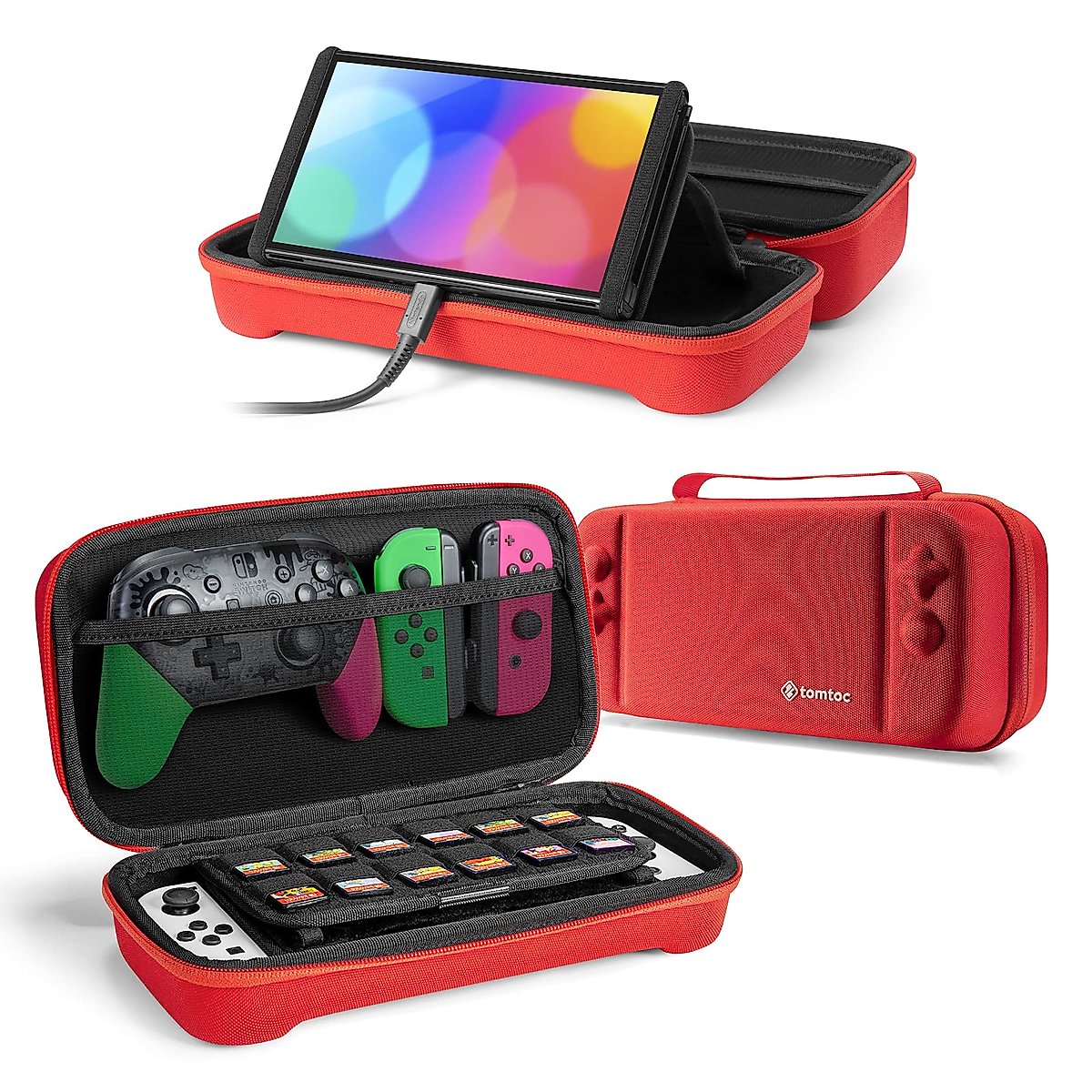 tomtoc Carrying Case for Nintendo SwitchOLED Model, Large Travel Switch Case with Pocket for Pro Controller, Joycon Grip or AC Adapter, Protective Portable Carry Case with 24 Game Cartridges,