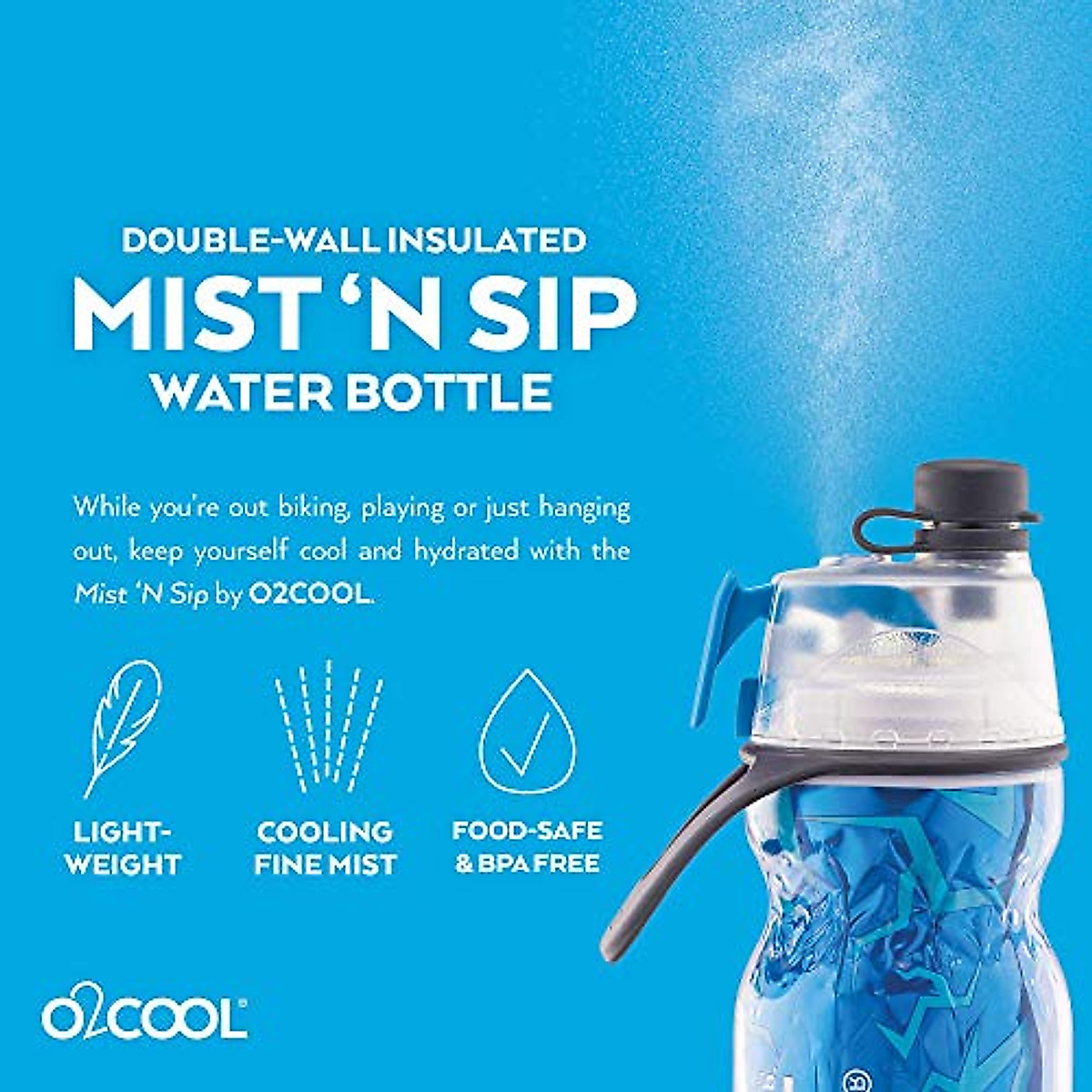O2COOL Arctic Squeeze Mist 'N Sip Insulated Bottle w/Silicone Spout Cover and Locking Misting Function - 20 oz, Crackle Blue